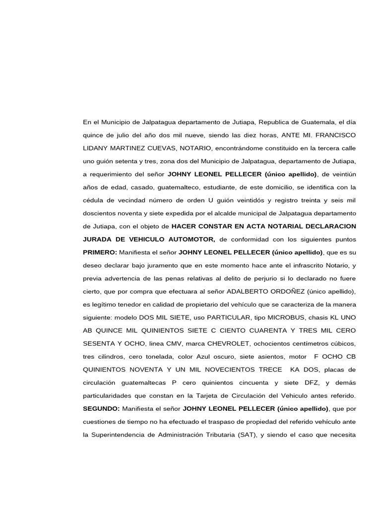 Carta Poder Daniel (declaración jurada Vehículo) | PDF