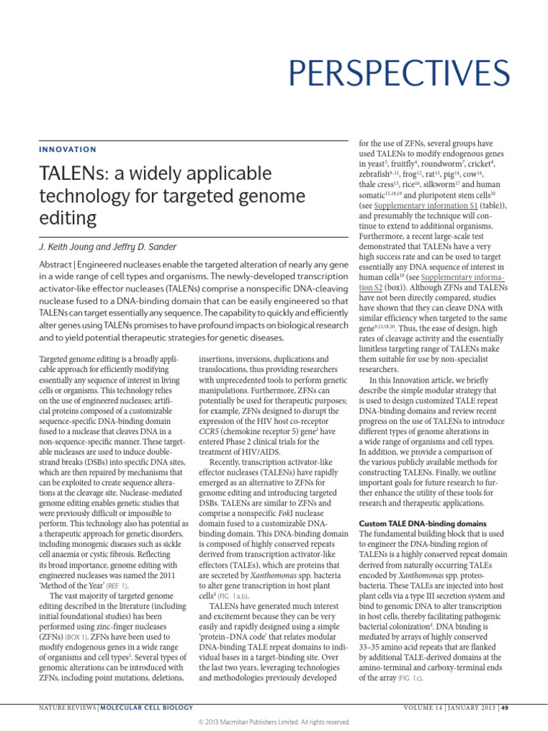 TALENs a widely applicable technology for targeted genome editing | PDF ...