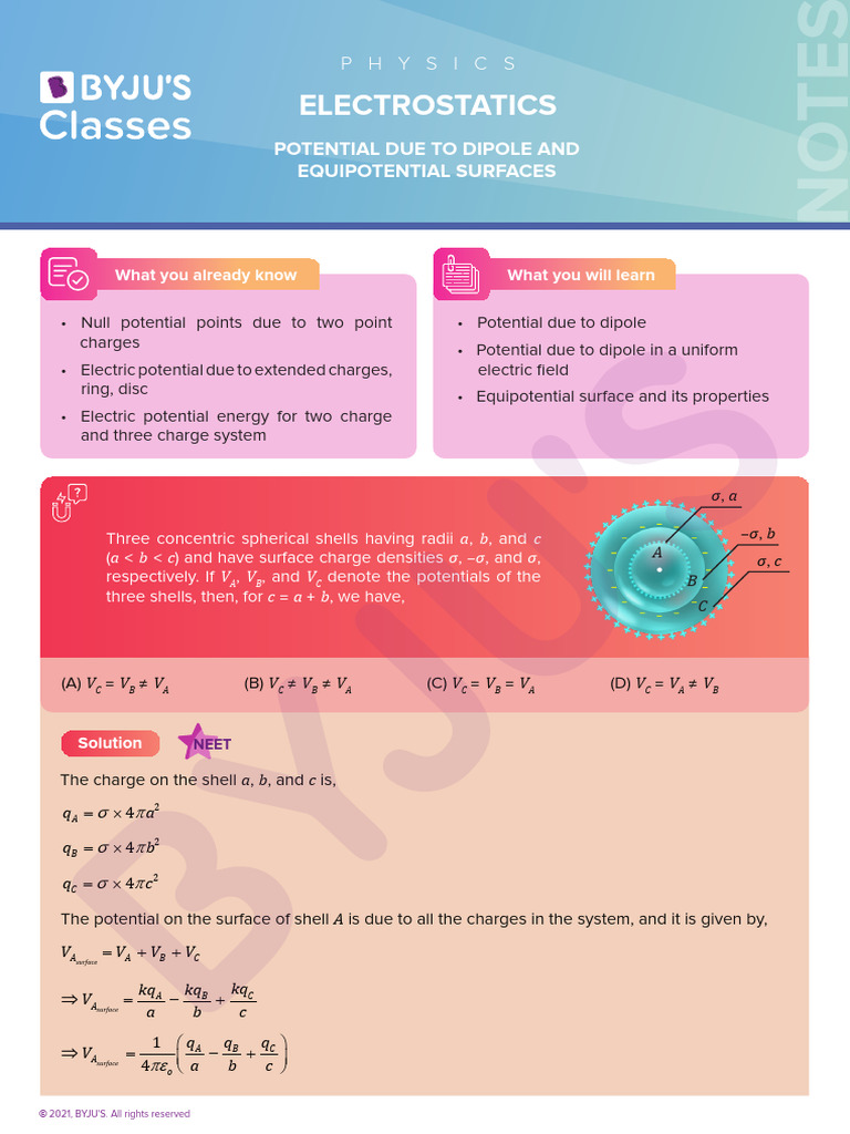 Potential Due to Dipole and Equipotential Surfaces (1) | PDF | Physical Chemistry | Electricity