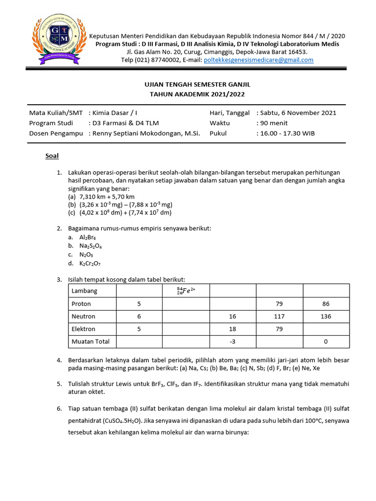Soal UTS Kimia Dasar | PDF