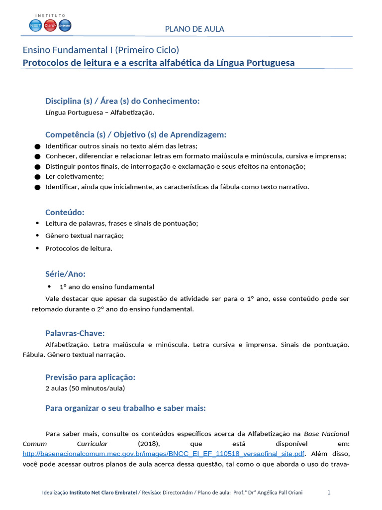 2019 - Plano de Aula - PROTOCOLOS DE LEITURA E ESCRITA - Angélica Oriani | PDF | Caixa alta e ...