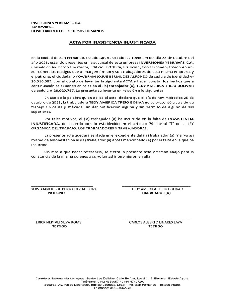 ACTA POR FALTA INJUSTIFICADA - TEDY - 2 | PDF | Gobierno