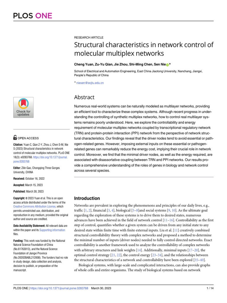 Structural Characteristics in Network Control of Molecular Multiplex Networks | PDF ...