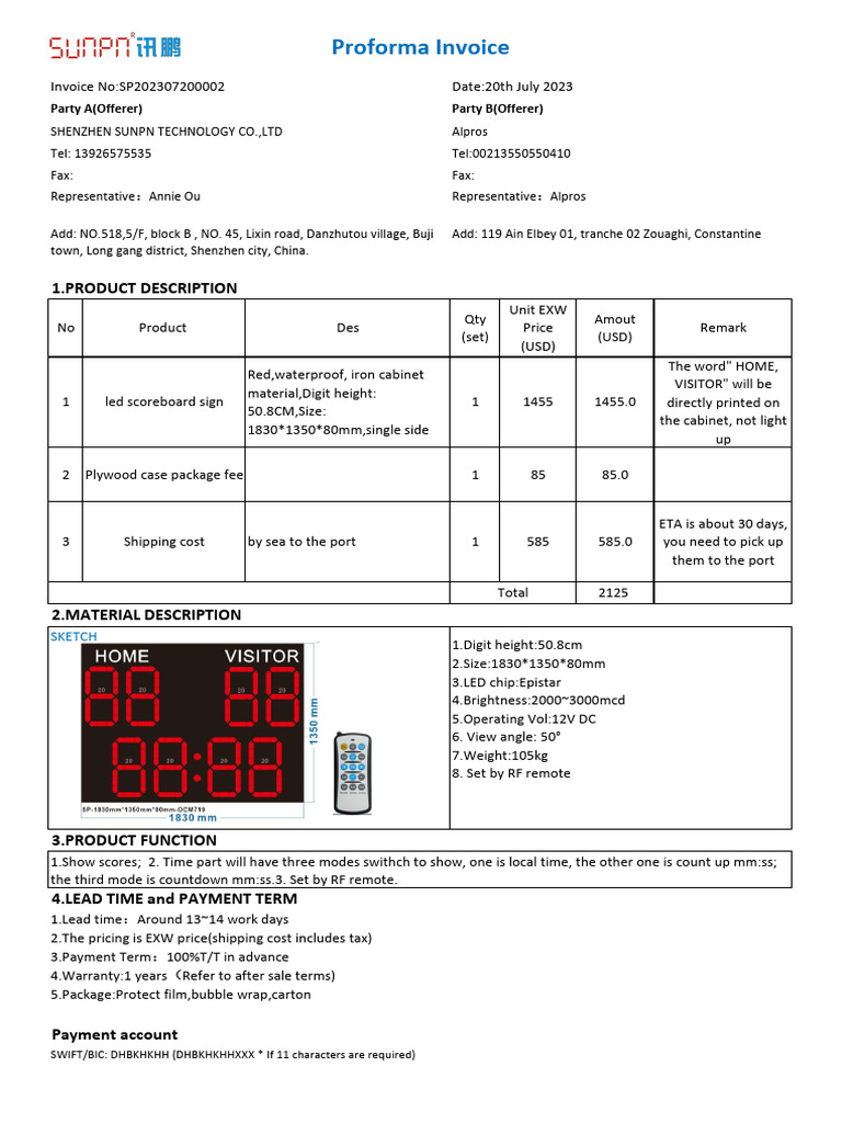 Proforma Invoice for LED Scoreboard | PDF