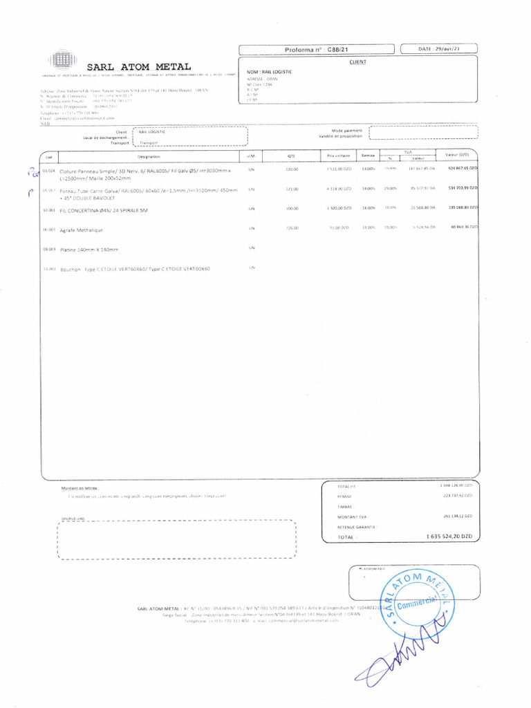 PROFORMA N°C88-2021 Du 29-04-2021 SARL ATOM METAL CLOTURE PANNEAU & CONCERTINA | PDF