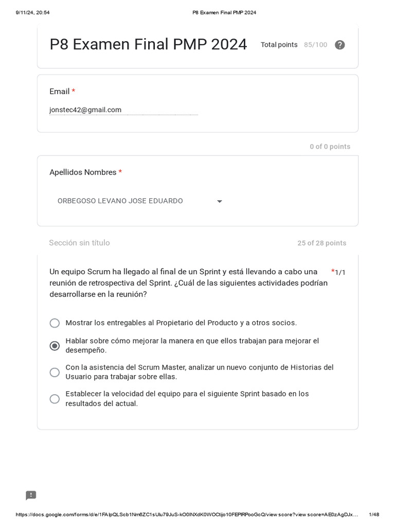 P8 Examen Final PMP 2024 JOL | PDF | Scrum (desarrollo de software) | Gestión de proyectos