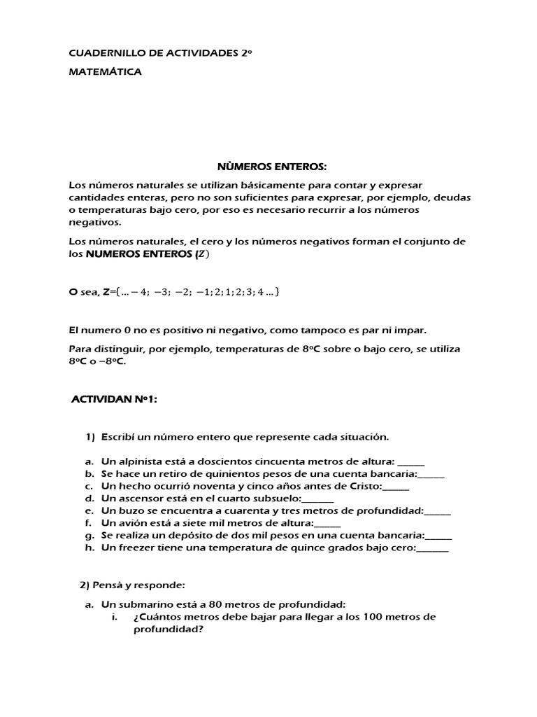 Actividades de Números Enteros para 2º Grado | PDF | Entero | Ángulo