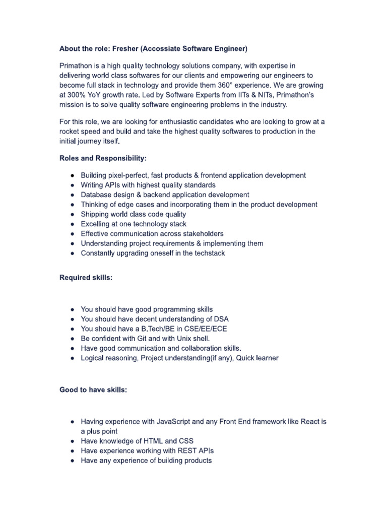 Freshers JD-Primathon Technology (1) | PDF