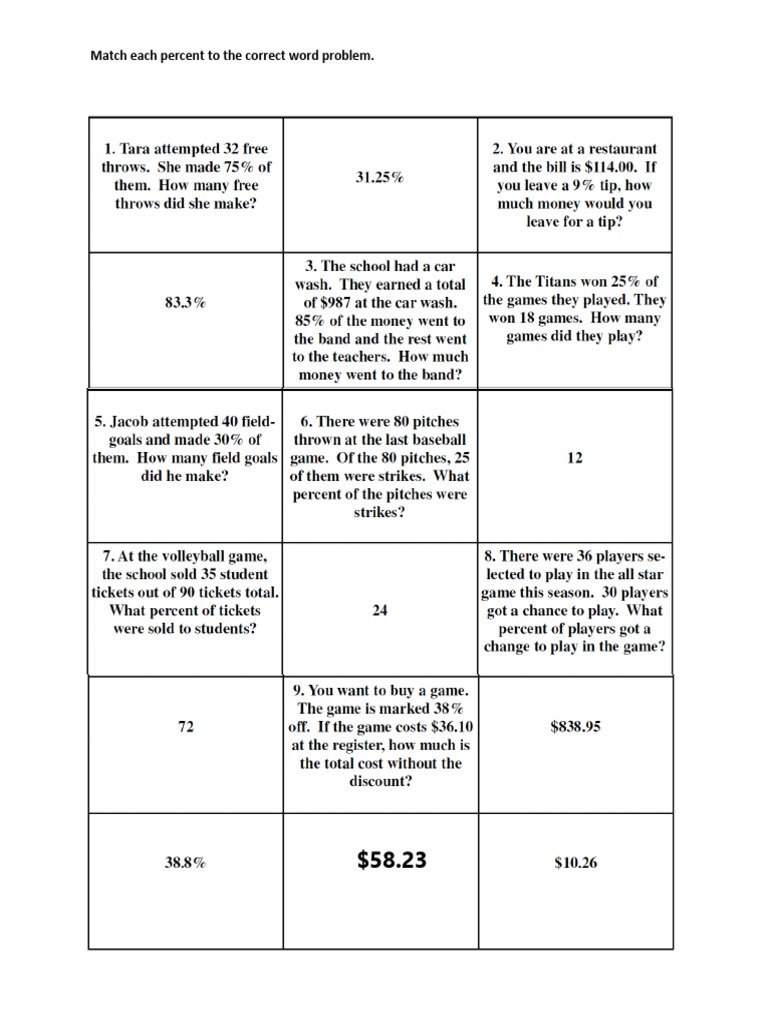 Percent Proportions Card Match Up Board | PDF