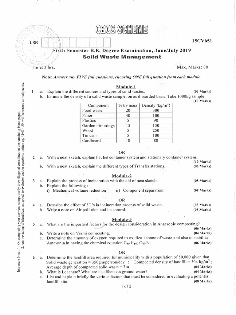 VTU Question Paper of 15CV651 Solid Waste Management Jun-2019 | PDF