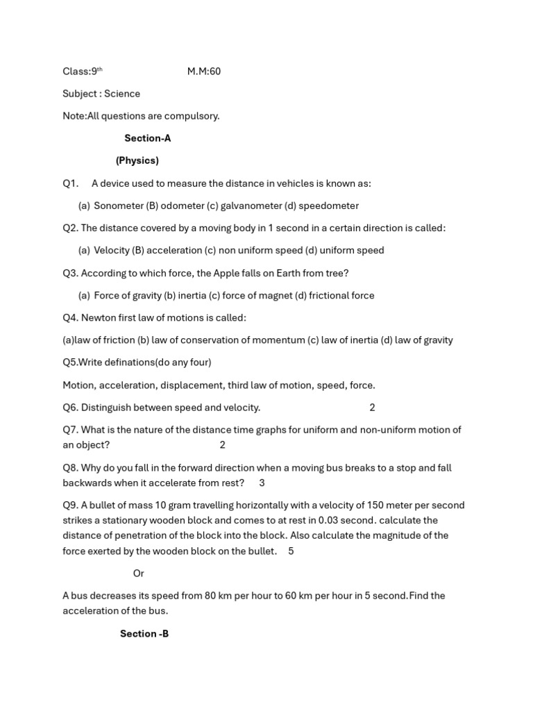 9th Grade Science Exam Questions | PDF | Force | Tissue (Biology)