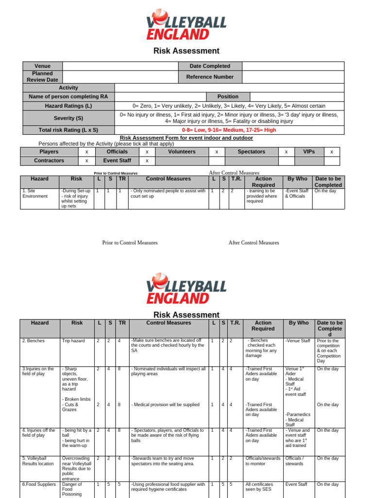 Volleyball Risk Assessment 23-24 | PDF | Risk | Hazards