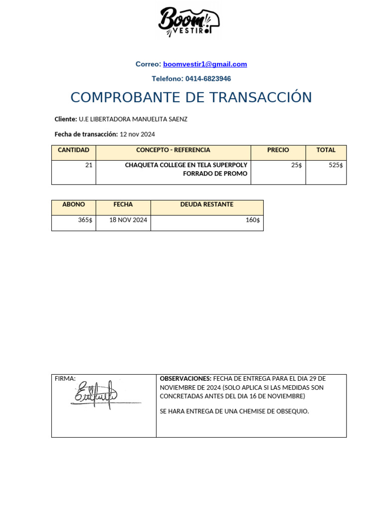 Comprobante de Venta de Chaquetas | PDF