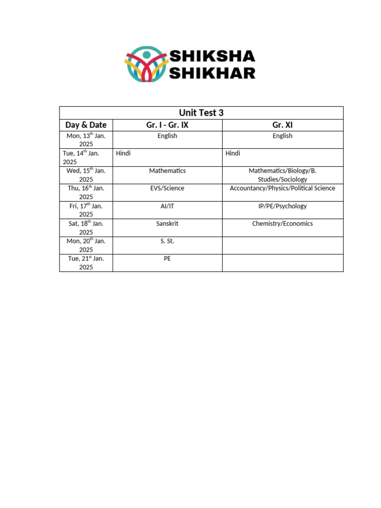 Unit Test 3 Schedule 2025 | PDF