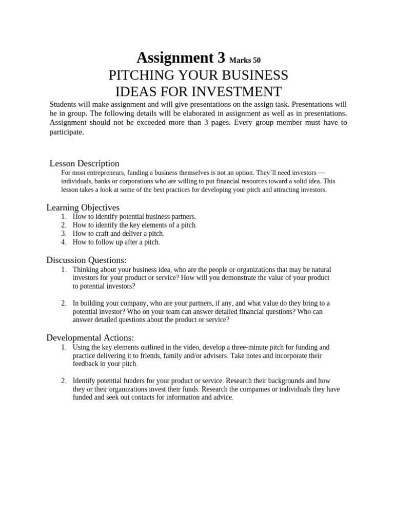PITCHING YOUR BUSINESS Assignment | PDF