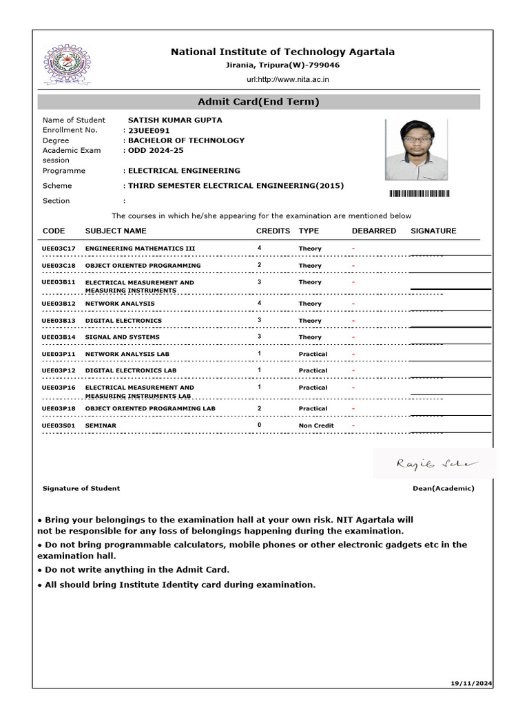 Admit Card End 3rd Sem | PDF