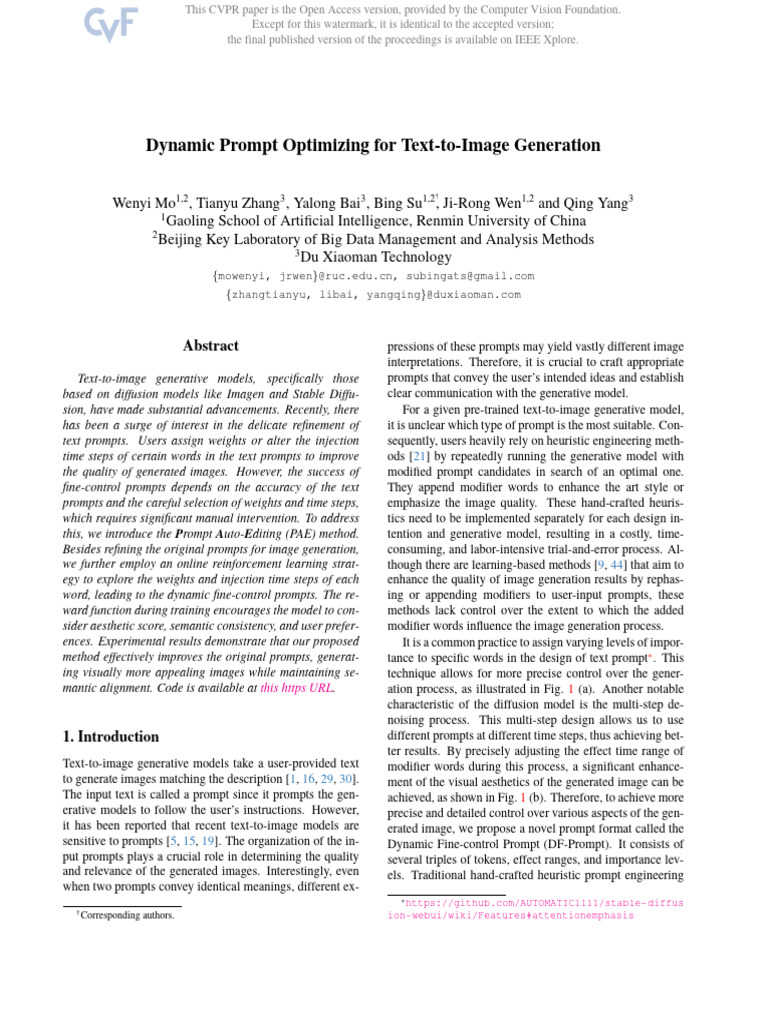 Mo Dynamic Prompt Optimizing For Text-to-Image Generation CVPR 2024 Paper | PDF | Machine ...