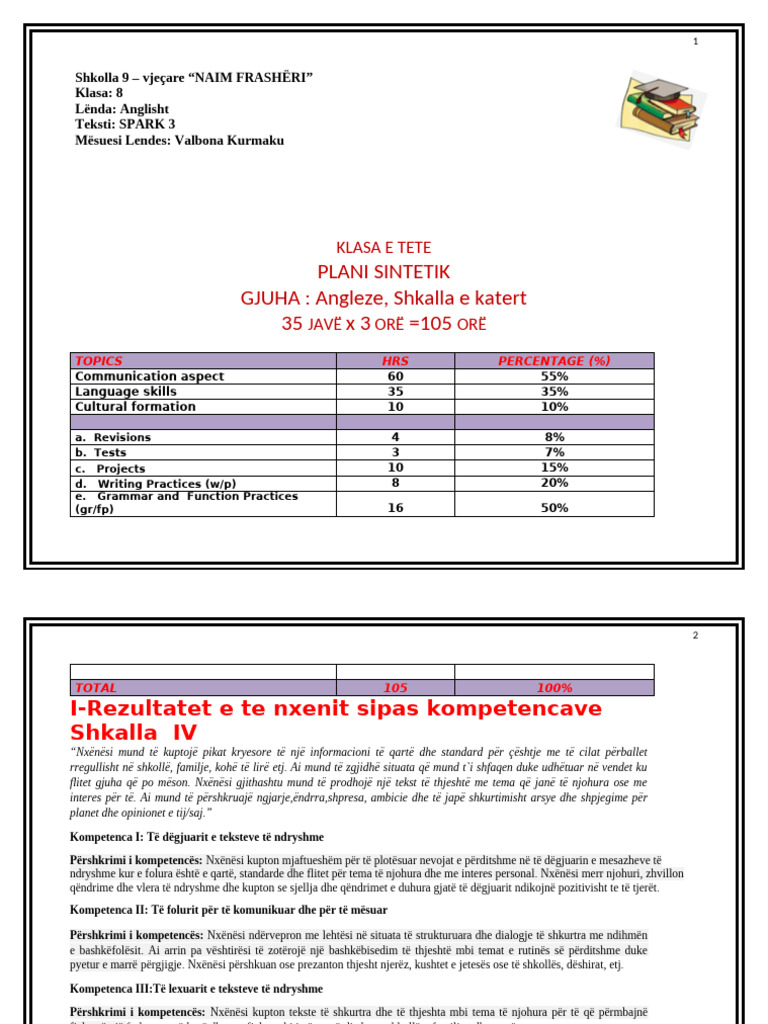 Plani Vjetor KL 8 | PDF