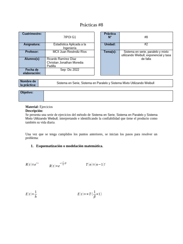 Practica 8 Ricardo Christian | PDF | Ingeniería de confiabilidad | Matemáticas