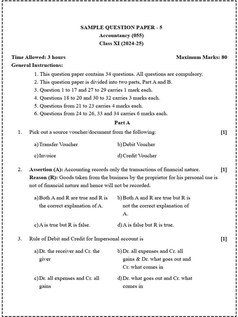 Class XI Accountancy Sample Paper 2024 | PDF | Debits And Credits ...