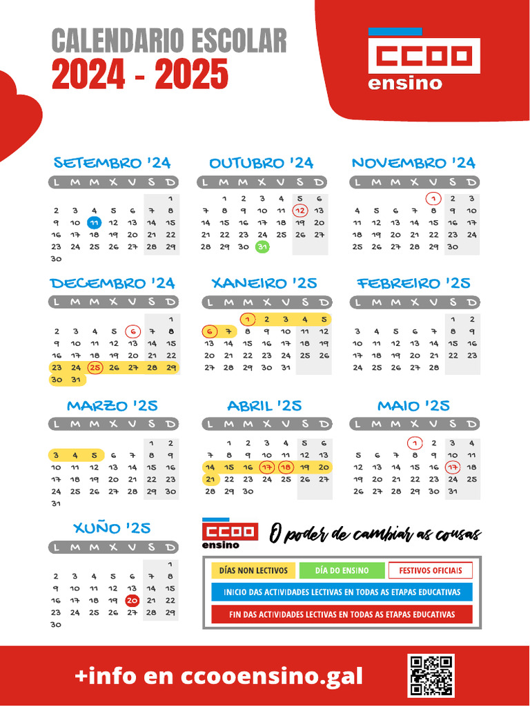 CCOO Ensino Calendario Escolar 24 25 Tamano A4 | PDF
