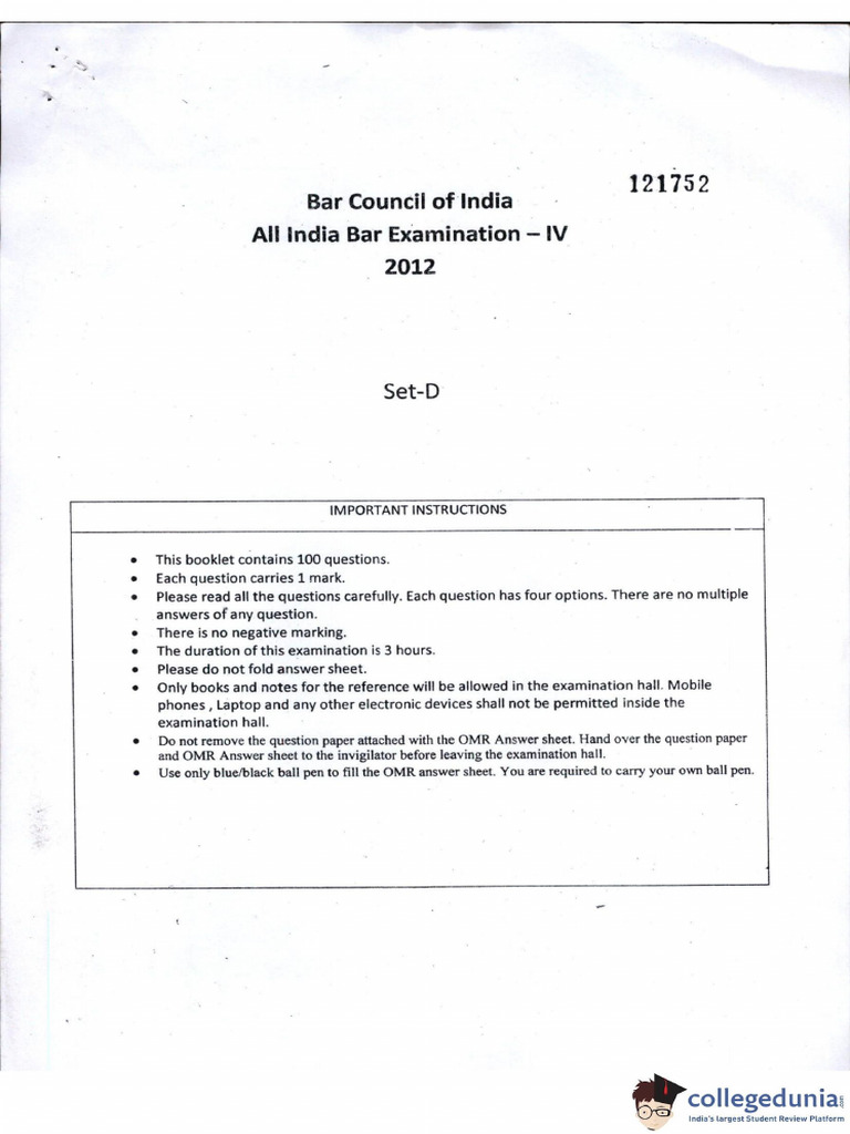 AIBE 4 Question Paper Set D | PDF