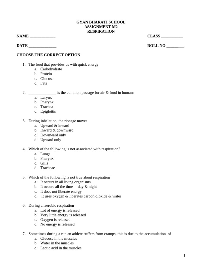 REVISION SHEET ON RESPIRATION | PDF | Respiratory System | Breathing