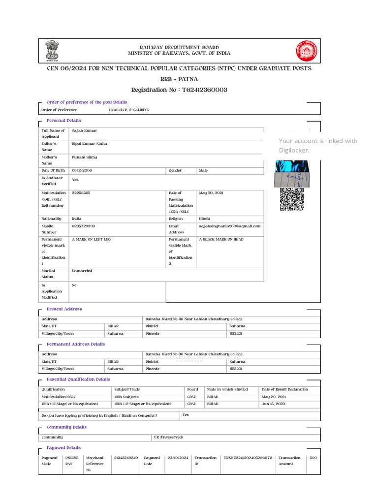 Sajan Sinha - RRB NTPC FORM | PDF