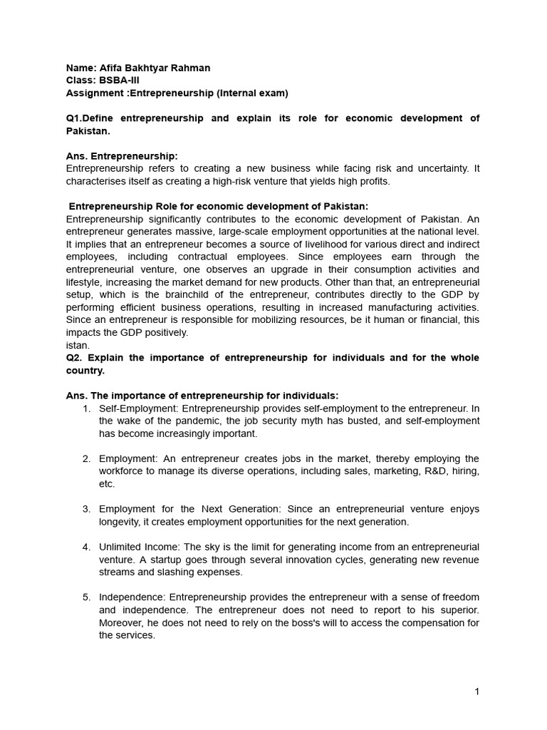 Entrepreneurship Internal Assignment - Afifa Bakhtyar Rahman | PDF | Entrepreneurship | Partnership