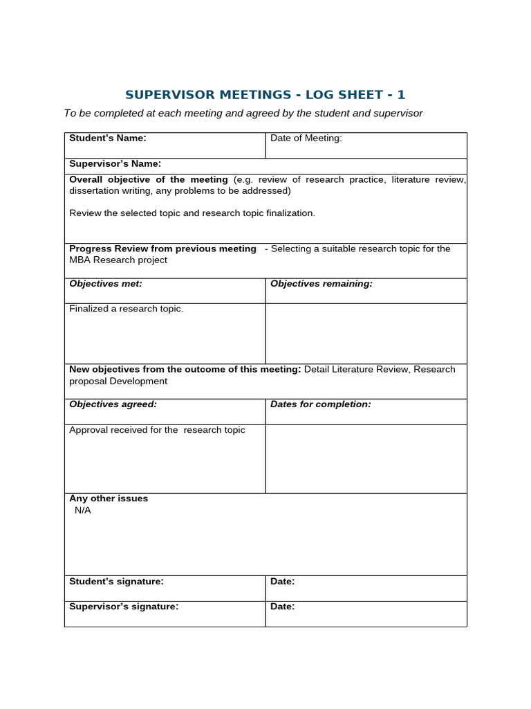 Supervisor Log 1 | PDF