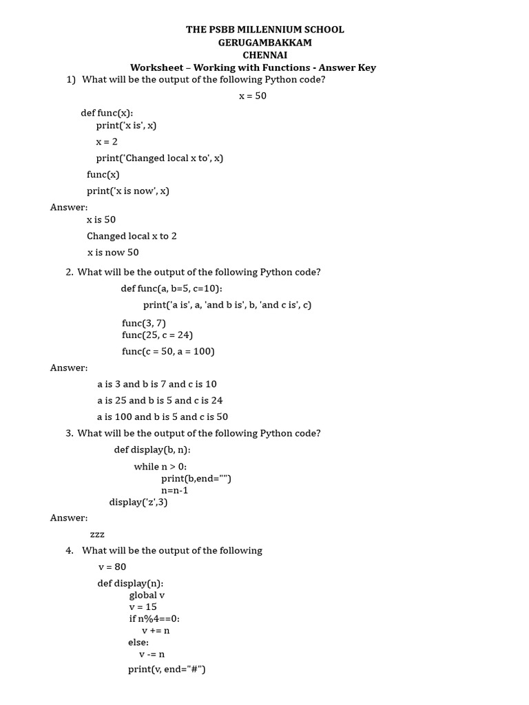 Working With Functions - Worksheet With Answer | PDF | Parameter (Computer Programming ...