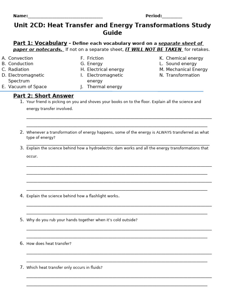 Study Guide Unit 2 S8P2CD 2024 Heat Transfer and Transformations of ...