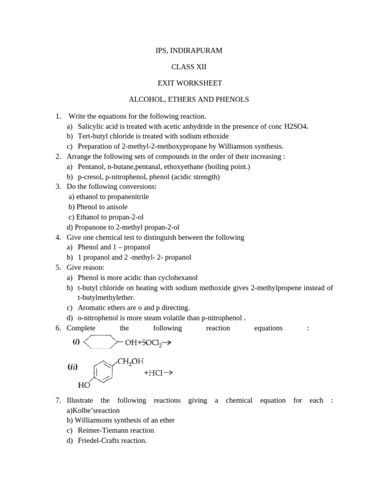 exit workshhet of alcohol , phenol, ethers | PDF
