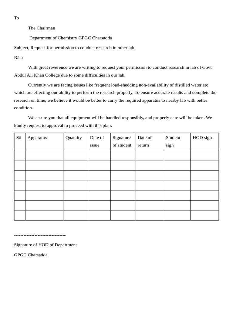 Permission Request for Lab Research | PDF