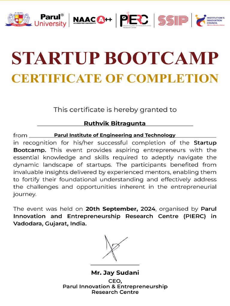 Startup Bootcamp Certificate - Ruthvik Bitragunta | PDF