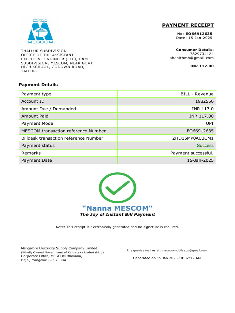 MESCOM Payment Receipt Jan 2025 | PDF | Receipt | Payments