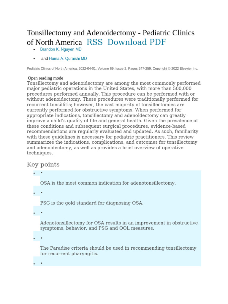 Tonsillectomy and Adenoidectomy - Pediatric Clinics of North America ...