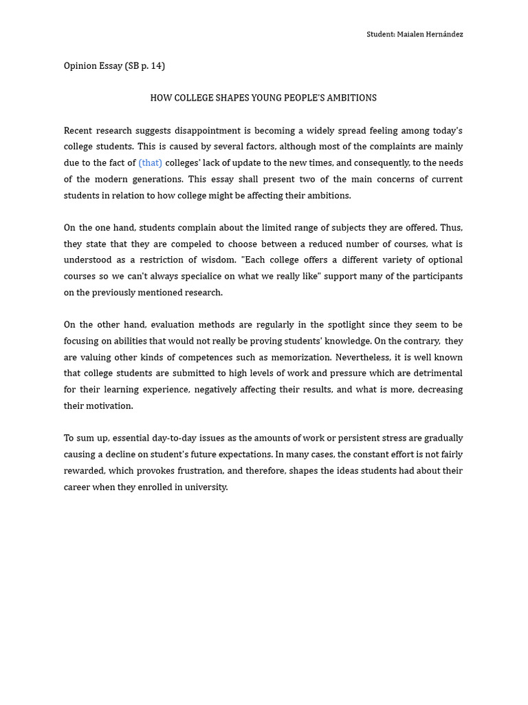 Opinion Essay- How college shapes young people's ambitions | PDF