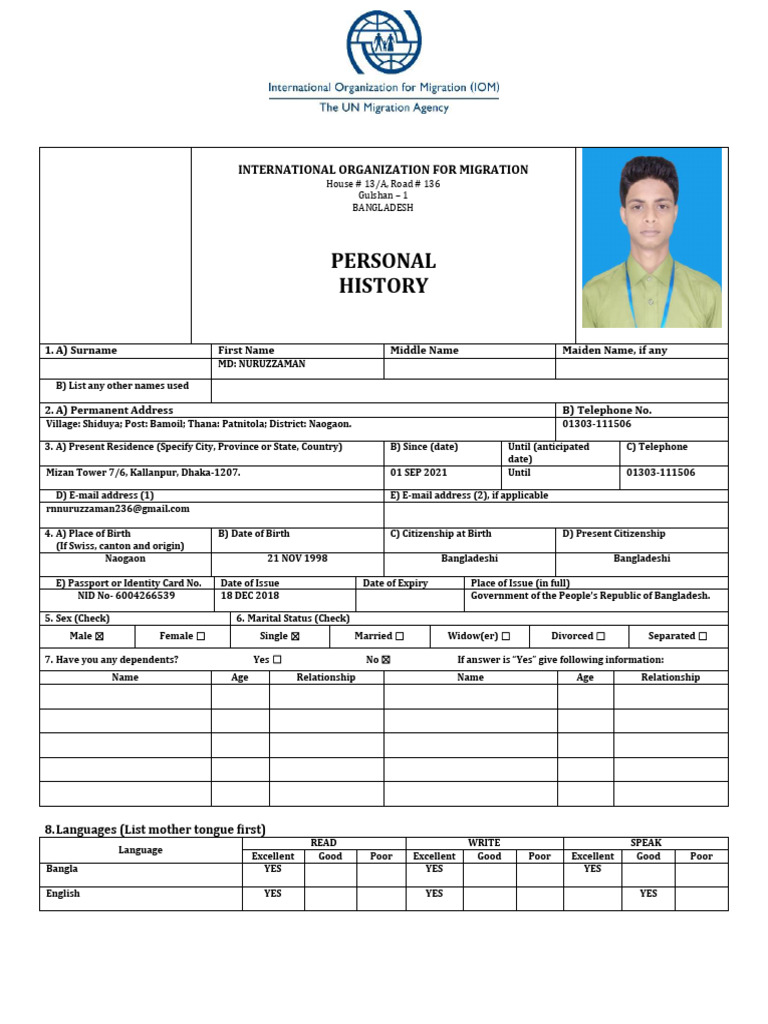 Personal History Form for IOM Application | PDF | Diploma | Hospital