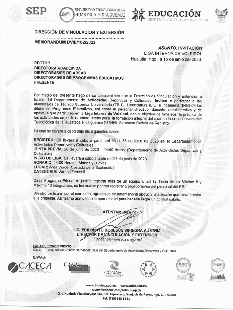 Memo-Dvie-162-2023 Invitacion Liga Interna de Voleibol | PDF