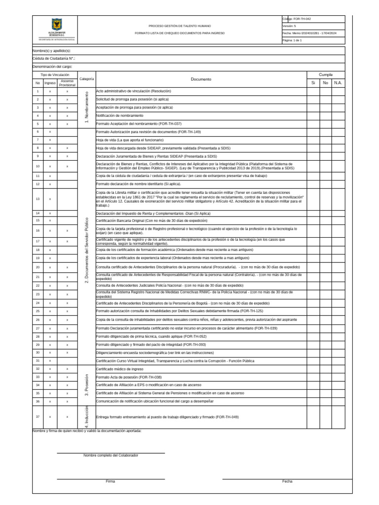 For TH 042 v5 Lista Chequeo Documentos Ingreso | PDF | Documento de identidad | Gobierno