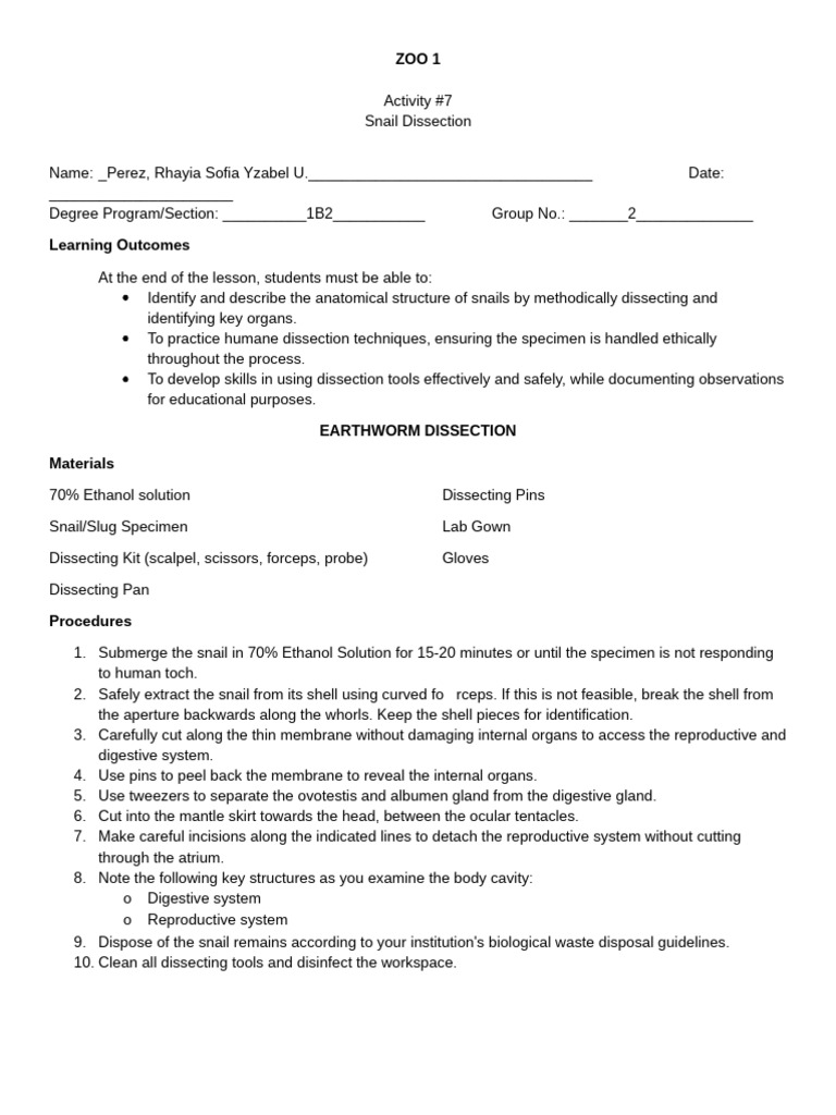 R PEREZ - ZOO 1 - Act7 - SnailDissection | PDF | Mollusca | Zoology