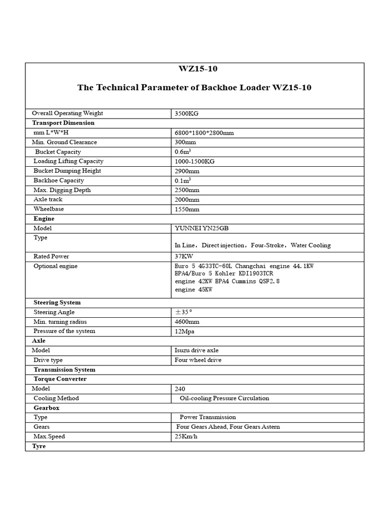 The Technical Parameter of Backhoe Loader WZ15-10 | PDF