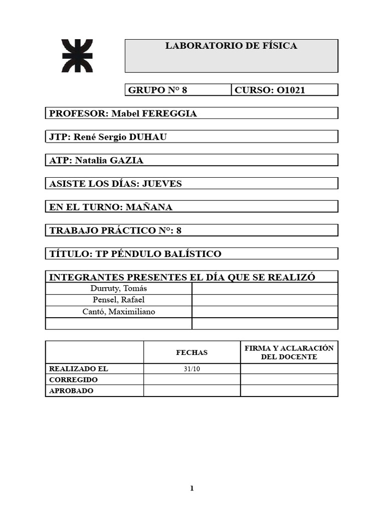 TP Péndulo Balístico Correccion | PDF