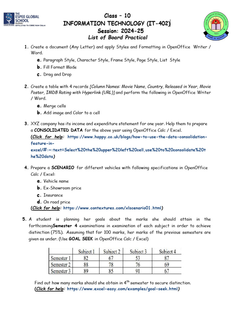 Class X (IT-402) Practical File Session 2024-25 | PDF | Microsoft Excel ...