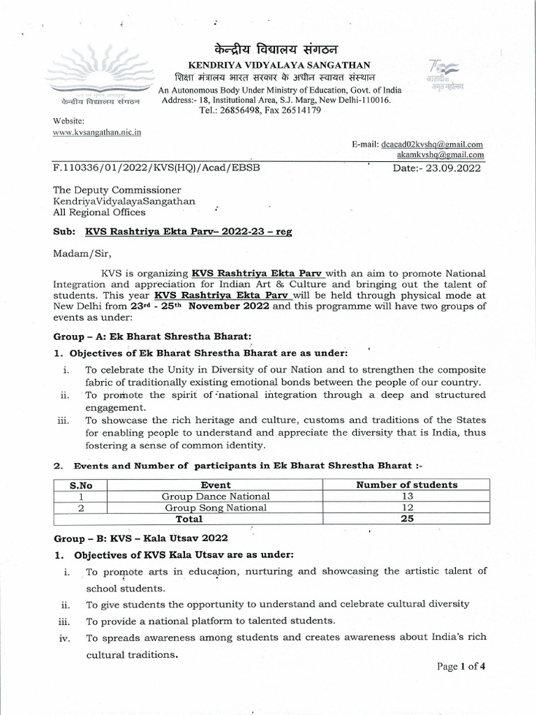 KVS Rashtriya Ekta Parv - 2022-23 - Reg | PDF | The Arts | Performing Arts