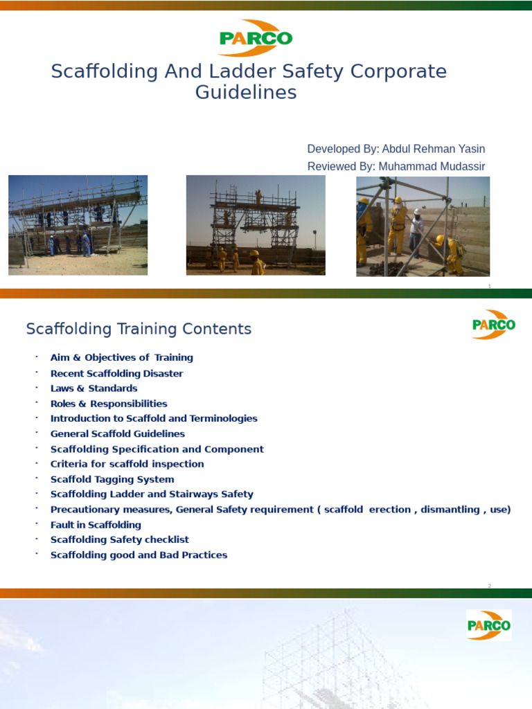 Training Presentation on Scaffolding and Ladder Safety - Corporate Guidlines | PDF | Scaffolding