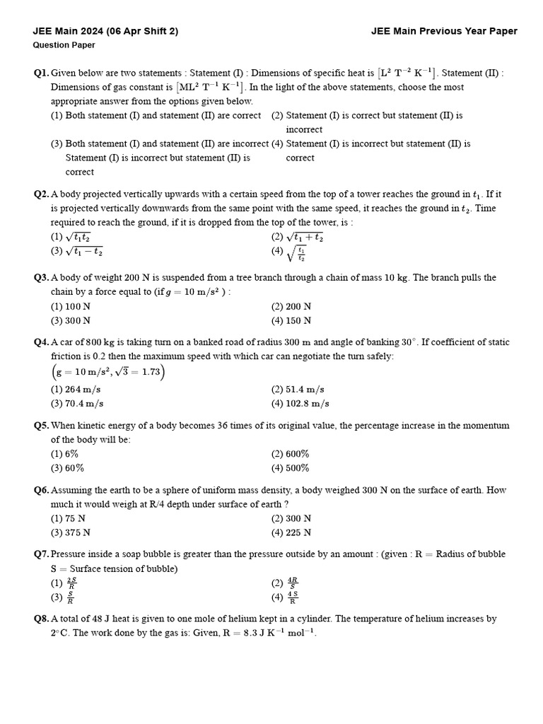 COMEDK 2024 Evening Shift Physics Paper | PDF | Triangle | Physical ...