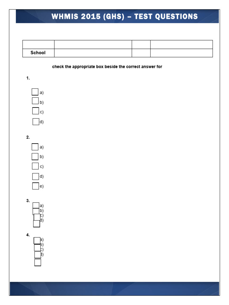 WHMIS-2015-Supplement-Test-QUESTIONS1 Fillable 2 | PDF | Toxicity ...