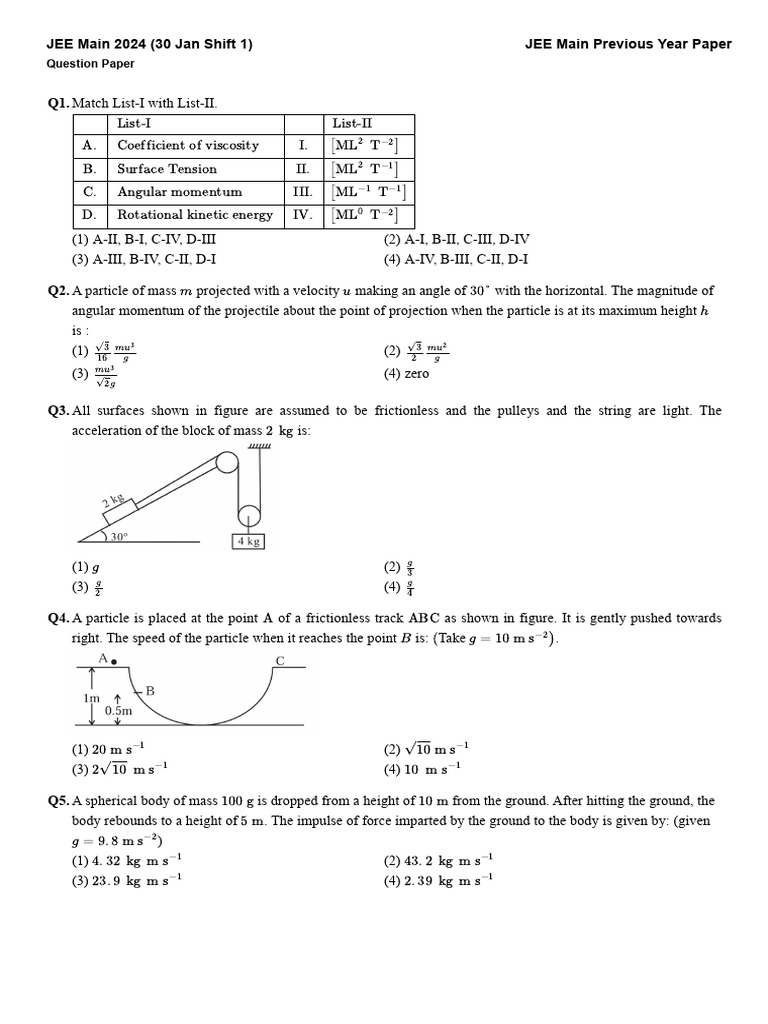 JEE Main 2024 (30 Jan Shift 1) Previous Year Paper With Answer Keys ...